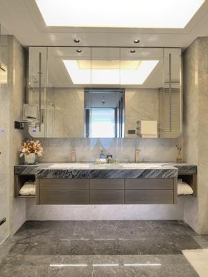China Stainless Steel Bathroom Vanity with Woodgrain Doors & Quartz Top for sale