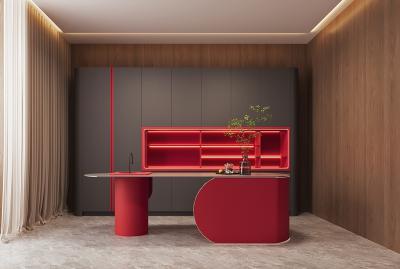 China Line Shaped Stainless Steel Kitchen Cabinet With Black And Red Accent Design for sale