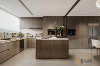 China Curved Island Stainless Steel Kitchen Cabinets with Woodgrain Finish for sale