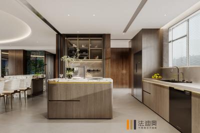 China Curved Island Stainless Steel Kitchen Cabinets with Woodgrain Finish for sale