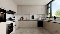 China Pine Grey U-Shape Stainless Steel Kitchen Cabinets with Quartz Top for sale