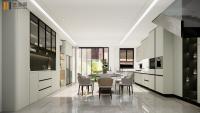 China Mung Bean Grey Stainless Steel Kitchen Cabinets with Integrated Dining for sale