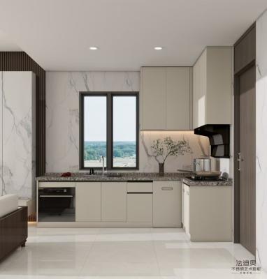 China Beige Stainless Steel L-Shaped Kitchen Cabinet with Integrated Appliances for sale