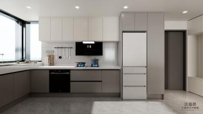 China Light Grey Stainless Steel U-Shaped Kitchen with Extended Island for sale