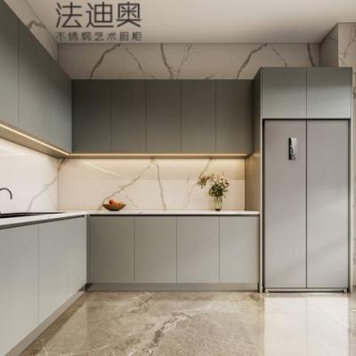 China Gray L-Shaped Stainless Steel Kitchen Cabinet with Tall Appliance Storage for sale