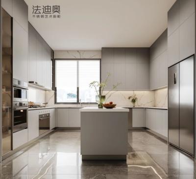 China Modern Gray U-Shaped Stainless Steel Kitchen Cabinets with Island for sale