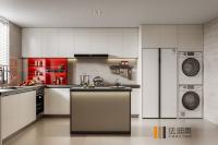 China L-Shaped Stainless Steel Kitchen Cabinet with Island and Red Accent for sale