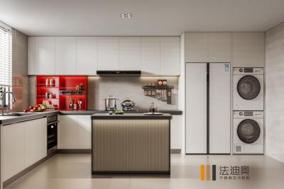 China L-Shaped Stainless Steel Kitchen Cabinet with Island and Red Accent for sale