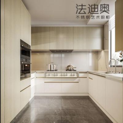 China Cream & Wood Tone Stainless Steel Kitchen Cabinet - Linear Layout for sale