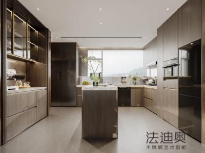 China Wood-Tone Stainless Steel Kitchen Cabinet with Island for sale