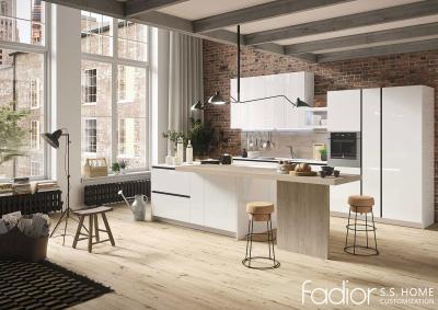 China Polar White & Natural Oak French Minimalist Stainless Steel Kitchen for sale