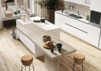 China Polar White & Natural Oak French Minimalist Stainless Steel Kitchen for sale