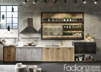 China Slate Grey & Natural Oak Industrial Smart Stainless Steel Kitchen for sale