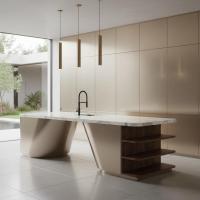 China Champagne Stainless Steel Kitchen with Curved Sculptural Island for sale