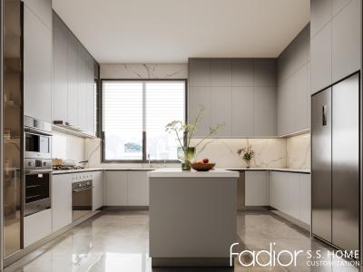 China Modern U-Shaped Stainless Steel Kitchen Cabinets With Island And Integrated Appliances for sale