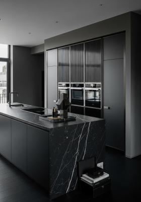 China Stainless Steel Kitchen Cabinets Dark Glass Tailored Luxury Island System for sale