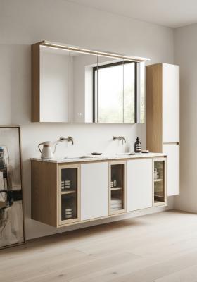 China Gallery Pale Oak Wall-Mounted Vanity in 304 Stainless Steel with Quarter-Sawn European White Oak Veneer and Ultra-Matte Finish for sale