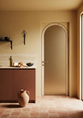 China Arched Mediterranean Entry Door with Travertine Inlay - 304 Stainless Steel for sale