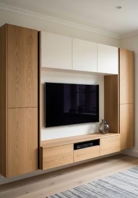 China Japandi Oak Media Console with Floating Screen in 304 Stainless Steel for sale