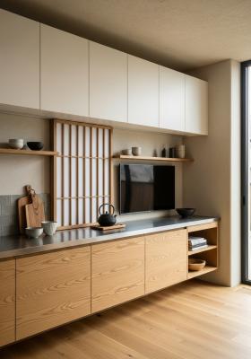 China Japandi Oak Media Console with Shoji Screens in 304 Stainless Steel for sale