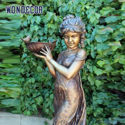 China Customized outdoor garden decoration, life-size bronze statue of a bird feeding girl for sale