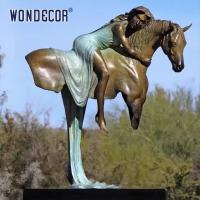 China A Copper Sculpture Of A Young Girl On A Large Metal Art Horse Back Outdoors for sale