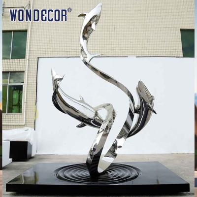 China Large outdoor metal art abstract marine animal dolphin and ribbon stainless steel sculpture for sale