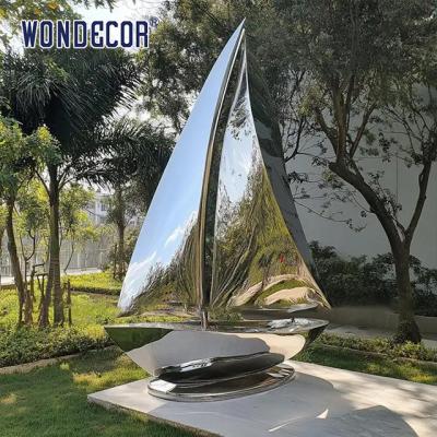 China Ocean themed art decoration sculpture mirror stainless steel sailboat sculpture for sale
