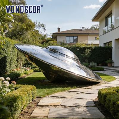 China Modern Polished Stainless Steel UFO Flying Saucer Sculpture Outdoor Decor for Contemporary Villa Garden for sale