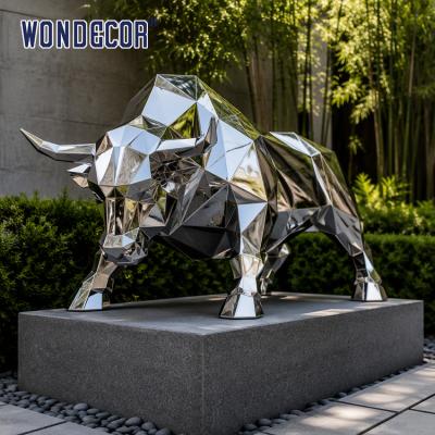 China Large Mirror Stainless Steel Geometric Faceted Bull Sculpture for Enterprise Park & Sales Office Landscape for sale