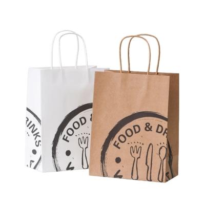 China Khaki White Food Takeaway Kraft Paper Brown Shopping Bags With Handle Bulk for sale