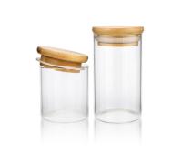 China 16oz Wooden Lid Glass Jar Clear Herb Storage Jar Suction High Borosilicate Glass for sale