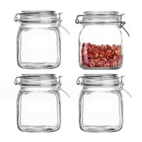 China Round Square Clear Mason Bottle Glass Seal Jar With Metal Hinge Clip Lid for sale