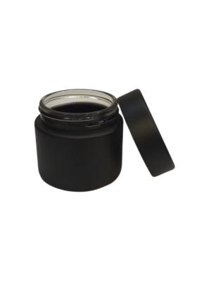 China 2 oz Child Resistant Glass Jar Matte Black Jar w/ Black Plastic Screw Lid for sale