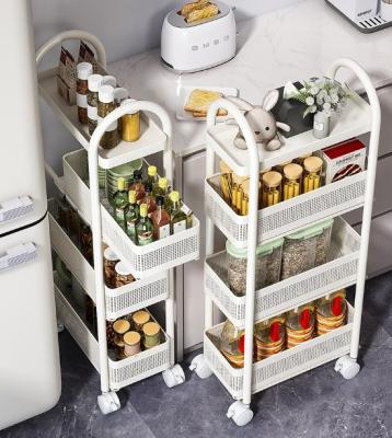 China All Metal Carbon Steel Seam Slim Kitchen Trolley Anti Drop Basket With Pull Out Silent Wheels for sale