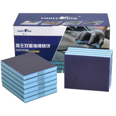 China HUNTKING Blue Double-Sided Sponge Sanding Block 120x100x12mm 400-800 Grit Wet Dry Hand Sanding Pad for sale