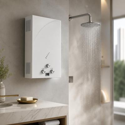 China Timer 20Min Inbuilt Flue Gas Water Heater with Battery Operated Ignition Method Rated Gas Pressure LPG 2800pa NG 2000pa Compact for sale