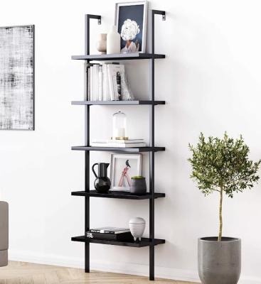 China Living Room Black 5 Tier Metal And Wood Book Shelves MDF Board for sale