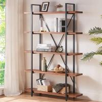 China Customized Industrial 5 Tiers Metal And Wood Bookcase Solid Wood Book Shelves for sale