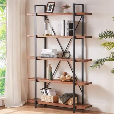 China Customized Industrial 5 Tiers Metal And Wood Bookcase Solid Wood Book Shelves for sale