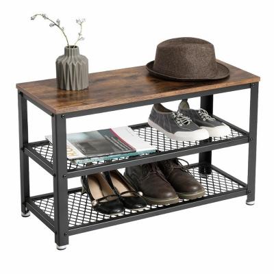 China Metal Frame Entryway Bamboo 2 Tier Wooden Shoe Rack Bench With Seat for sale