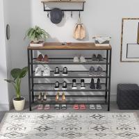 China Rustic Large 5 Tier Metal 18 Pair Shoe Rack Unit With Wood Board for sale