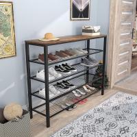 China Rustic Large 5 Tier Metal 18 Pair Shoe Rack Unit With Wood Board for sale