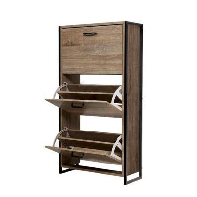 China MDF Wooden 3 Tiers Flip Down Shoe Rack Furniture Organizer Cabinet For Home for sale