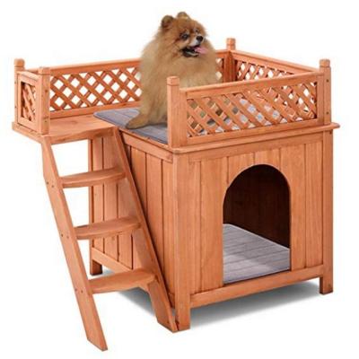 China Puppy Dog Wooden Pet House Shelter With Stairs Balcony Indoor Outdoor for sale