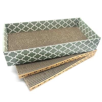 China Cat Scratcher Cardboard Scratching Pads Scratch Lounge Bed with Catnip 3PCS Reversible Corrugated Cardboard with Scratch Box for sale