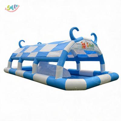 China Blue White Checkered Inflatable Pool With Canopy PVC Inflatable Swimming Pool Sun Shade For Kids Outdoor Water Play Ball Pit for sale