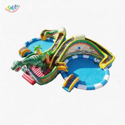 China Inflatable Dinosaur Water Park, Dino Theme Inflatable Water Slide with Double Pools, Commercial Kids Aqua Play Equipment for sale