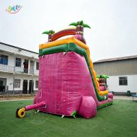 China Commercial Grade Inflatable Water Slide Pink Tropical Palm Tree Theme PVC Bouncer Slide With Pool For Party Rental（YKW095) for sale