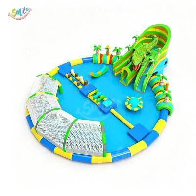China Commercial Inflatable Crocodile Water Park With Giant Slide Large Pool And Soccer Goals For Party Rental for sale